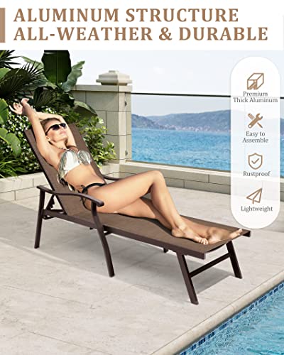 VredHom Outdoor Chaise Lounge Chair, Patio Chaise 5 Position Adjustable Backrest Recliner Ergonomic Armrest All Weather Textiline Aluminum Reclining Chairs for Patio, Beach, Yard, Pool，Brown