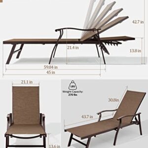 VredHom Outdoor Chaise Lounge Chair, Patio Chaise 5 Position Adjustable Backrest Recliner Ergonomic Armrest All Weather Textiline Aluminum Reclining Chairs for Patio, Beach, Yard, Pool，Brown