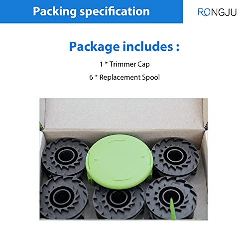 RONGJU 6 Pack Weed Eater Spool for Greenworks 21332 21342 24V 40V 80V Trimmer 16ft 0.065” Single Line String Trimmer Replacement Spool 29252 with 3411546A-6 Spool Cap Covers (6 Spools, 1 Cap)