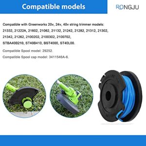 RONGJU 6 Pack Weed Eater Spool for Greenworks 21332 21342 24V 40V 80V Trimmer 16ft 0.065” Single Line String Trimmer Replacement Spool 29252 with 3411546A-6 Spool Cap Covers (6 Spools, 1 Cap)