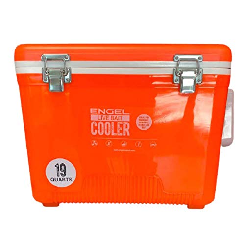 Engel 19qt Live Bait Cooler Box with 2nd Gen 2-Speed Portable Aerator Pump. Fishing Bait Station and Minnow Bucket for Shrimp, Minnows, and Other Live Bait - ENGLBC19-N-OHV in Orange High-Visibility