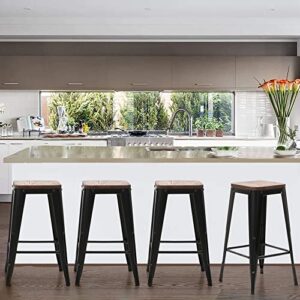 Sophia & William 30" Metal Bar Stools Set of 4 Counter Height Backless Stools with Wooden Seat,Indoor/Outdoor Barstools,Matte Black