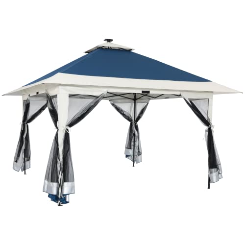 Suntime 13x13 Instant Pop Up Gazebo Canopy Tent Shelter with Solar LED Lights, Zippered Mesh Mosquito Netting, Wheeled Roller Carry Bag, Bonus Weight Sandbags, Stakes, Ropes - Navy