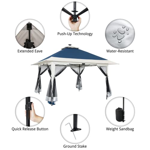 Suntime 13x13 Instant Pop Up Gazebo Canopy Tent Shelter with Solar LED Lights, Zippered Mesh Mosquito Netting, Wheeled Roller Carry Bag, Bonus Weight Sandbags, Stakes, Ropes - Navy