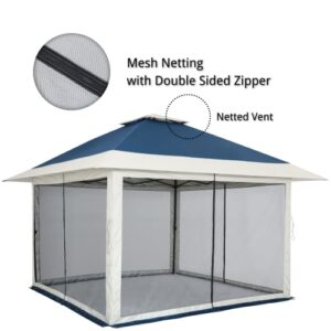 Suntime 13x13 Instant Pop Up Gazebo Canopy Tent Shelter with Solar LED Lights, Zippered Mesh Mosquito Netting, Wheeled Roller Carry Bag, Bonus Weight Sandbags, Stakes, Ropes - Navy