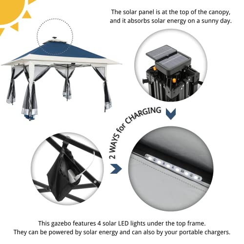 Suntime 13x13 Instant Pop Up Gazebo Canopy Tent Shelter with Solar LED Lights, Zippered Mesh Mosquito Netting, Wheeled Roller Carry Bag, Bonus Weight Sandbags, Stakes, Ropes - Navy