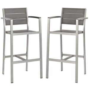 modway shore aluminum outdoor patio two bar stools in silver gray