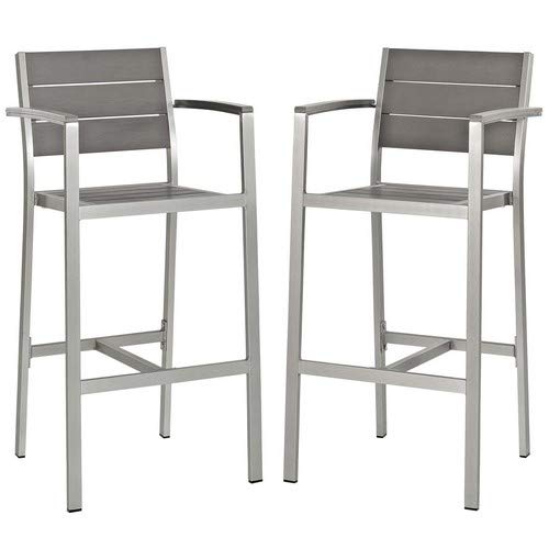 Modway Shore Aluminum Outdoor Patio Two Bar Stools in Silver Gray