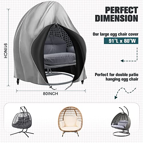 Patio Hanging Chair Cover Outdoor Double Swing Egg Chair Cover Waterproof Durable Lightweight Wicker Furniture Dust Protector 91" x 80" (Grey)