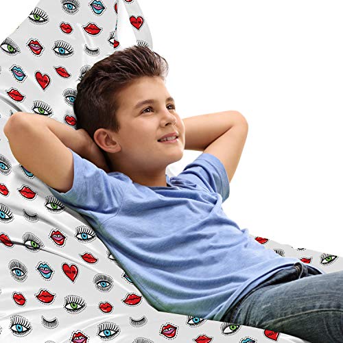 Ambesonne Emoticon Lounger Chair Bag, Beauty Illustration of Open Close Eyes in Hand Drawn Style with Hearts and Lips, High Capacity Storage with Handle Container, Lounger Size, Multicolor