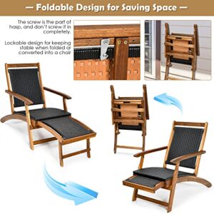 Tangkula Set of 2 Acacia Wood Folding Chaise Lounge Chair, Patiojoy Outdoor Foldable Deck Chair, Portable Wicker Lounger with Retractable Footrest, Ideal for Garden, Poolside, Courtyard