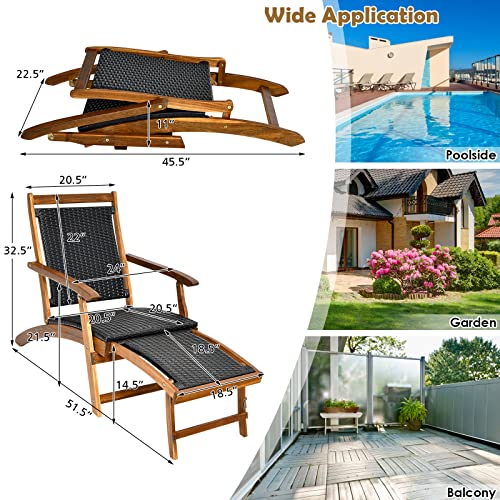 Tangkula Set of 2 Acacia Wood Folding Chaise Lounge Chair, Patiojoy Outdoor Foldable Deck Chair, Portable Wicker Lounger with Retractable Footrest, Ideal for Garden, Poolside, Courtyard