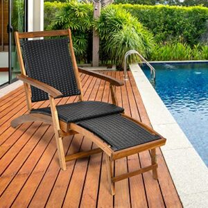 Tangkula Set of 2 Acacia Wood Folding Chaise Lounge Chair, Patiojoy Outdoor Foldable Deck Chair, Portable Wicker Lounger with Retractable Footrest, Ideal for Garden, Poolside, Courtyard