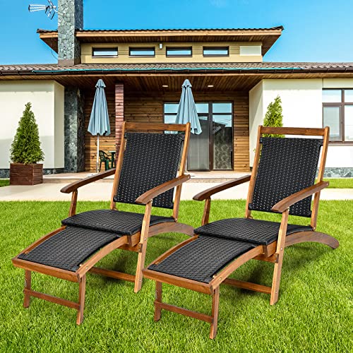 Tangkula Set of 2 Acacia Wood Folding Chaise Lounge Chair, Patiojoy Outdoor Foldable Deck Chair, Portable Wicker Lounger with Retractable Footrest, Ideal for Garden, Poolside, Courtyard