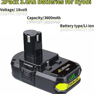 FERRYBOAT 2Pack 3600mAh P102 for Ryobi 18V Battery Replacement 18Volt Battery Lithium-ion P102 P103 P104 P105 P107 P108 P109 P122 P190