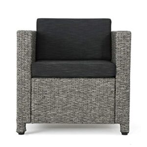 christopher knight home puerta outdoor wicker club chair with water resistant cushions, mixed black / dark grey