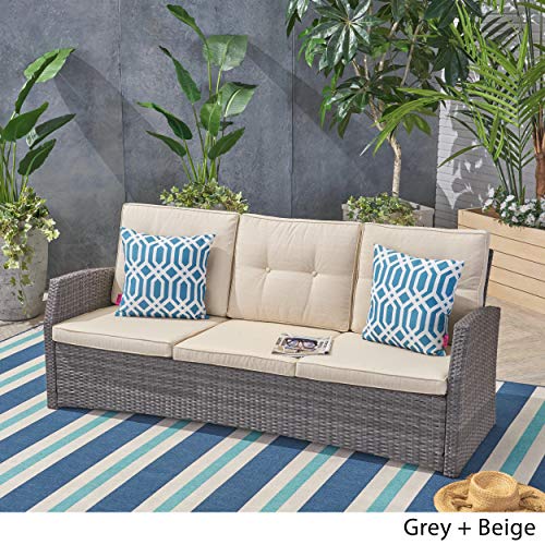 Christopher Knight Home Joanne Outdoor 3 Seater Wicker Sofa, Grey with Beige Cushions