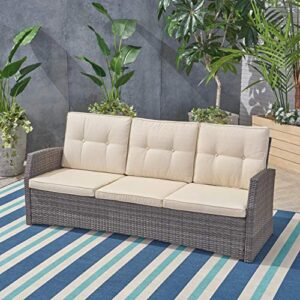 Christopher Knight Home Joanne Outdoor 3 Seater Wicker Sofa, Grey with Beige Cushions