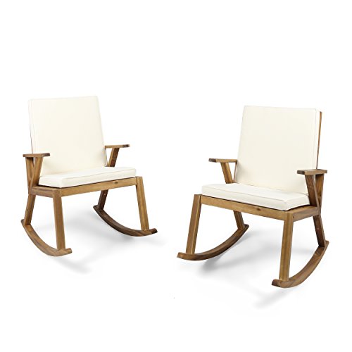 Christopher Knight Home Andy | Outdoor Acacia Wood ocking Chair with Water-Resistant (Set of 2), Teak Finish/Cream Cushion