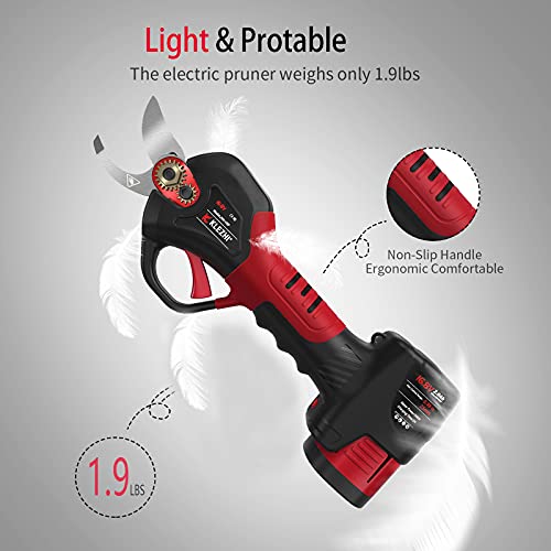 K KLEZHI Professional Cordless Electric Pruning Shears Branch Pruner 2 Pcs Backup Rechargeable Lithium Battery Powered Tree, 1INCH (25mm) (Black & Red)