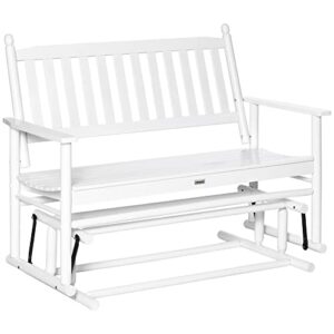 outsunny wooden outdoor glider bench for two people, patio loveseat swing rocking chair with armrest, slatted seat and backrest, white