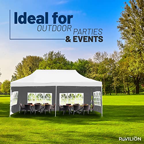 PAVILIÖN Party Tent 10x20 | White Wedding Tent | Outdoor Tents for Parties with 4 Removable Walls and Windows | Heavy Duty Canopy Event Tent with Sturdy Steel Frame, Zippered Doors, and LED Lights