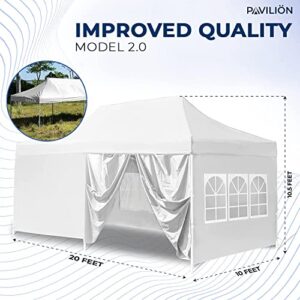 PAVILIÖN Party Tent 10x20 | White Wedding Tent | Outdoor Tents for Parties with 4 Removable Walls and Windows | Heavy Duty Canopy Event Tent with Sturdy Steel Frame, Zippered Doors, and LED Lights