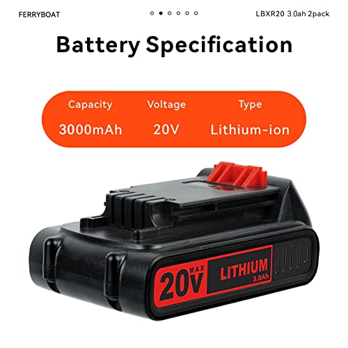 FERRYBOAT 2Pack 3.0Ah LBXR20 Replace for Black and Decker 20v Lithium Battery Max LB20 LBX20 LST220 LBXR2020-OPE LBXR20B-2 LB2X4020 for Black and Decker Li-ion Batteries