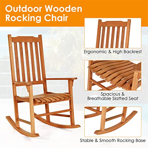 Tangkula Patio Rocking Chair, Indoor Outdoor Wooden Rocker Lounge Chair for Porch Garden Backyard Balcony, Rustic High Back Armchair w/Heavy-Duty 350 LBS Weight Capacity (1)