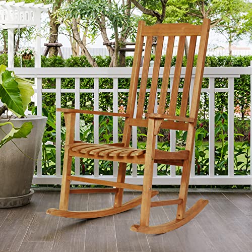 Tangkula Patio Rocking Chair, Indoor Outdoor Wooden Rocker Lounge Chair for Porch Garden Backyard Balcony, Rustic High Back Armchair w/Heavy-Duty 350 LBS Weight Capacity (1)