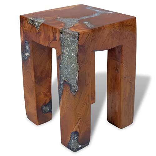 SKM Wooden Stool Handmade Small Stool Solid Teak Wood and Resin 11.8" x 11.8" x 15.7" (L x W x H)