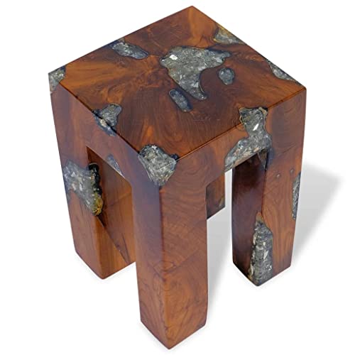 SKM Wooden Stool Handmade Small Stool Solid Teak Wood and Resin 11.8" x 11.8" x 15.7" (L x W x H)