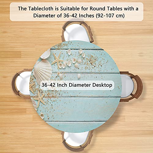 Beach Wood Texture Elastic Edge Round Tablecloth Shell Starfish Fitted Table Cover Waterproof Wipeable Round Table Cloth for Parties Outdoor Dining Table Decor Pads Size 48"(Fit for 36"-42" Table)