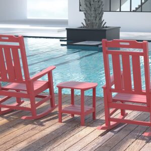 kevinplus Outdoor Rocking Chair Set of 2 with Side Table for Porch, Outdoor Rocker Chair Set for Backyard Lawn Patio, Outdoor HDPE Adirondack Rocking Chair All Weather Resistant (3-Pcs Red)