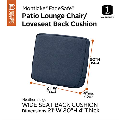 Classic Accessories Montlake FadeSafe Water-Resistant 21 x 20 x 4 Inch Patio Lounge Back Cushion, Heather Indigo Blue, Outdoor Loveseat Cushions