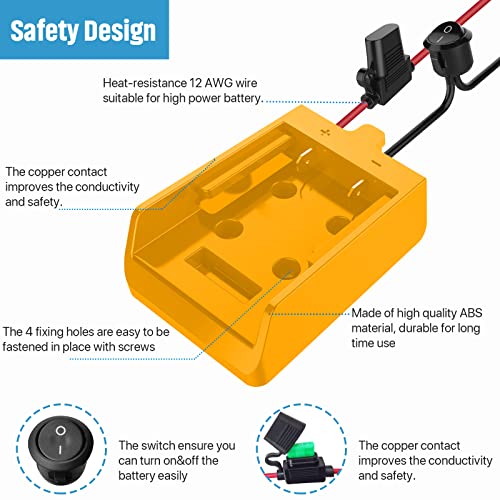 Power Wheel Adapter with Fuse & Switch, Secure Battery Adapter for Dewalt 20V Lithium Battery with 12 Gauge Wire, Good Power Convertor for DIY Ride On Truck, Robotics, RC Toys and Work Lights