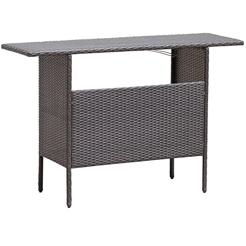 Giantex Outdoor Patio Wicker Bar Table, 2 Storage Shelves, 55''W Tabletop, Rails for Hanging Wine Glasses, Heavy-Duty Metal Frame, Bistro Rattan Bar Counter Table for Poolside Backyard (Mix Brown)