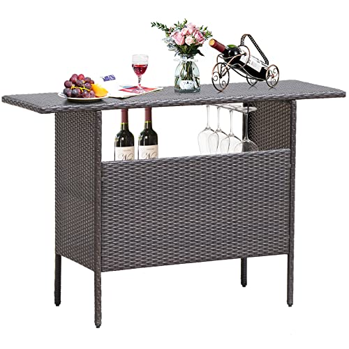 Giantex Outdoor Patio Wicker Bar Table, 2 Storage Shelves, 55''W Tabletop, Rails for Hanging Wine Glasses, Heavy-Duty Metal Frame, Bistro Rattan Bar Counter Table for Poolside Backyard (Mix Brown)