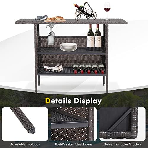 Giantex Outdoor Patio Wicker Bar Table, 2 Storage Shelves, 55''W Tabletop, Rails for Hanging Wine Glasses, Heavy-Duty Metal Frame, Bistro Rattan Bar Counter Table for Poolside Backyard (Mix Brown)