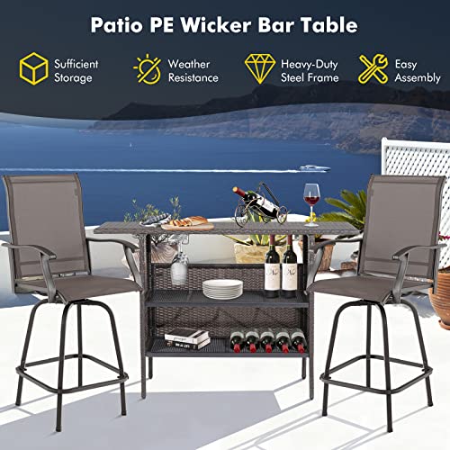 Giantex Outdoor Patio Wicker Bar Table, 2 Storage Shelves, 55''W Tabletop, Rails for Hanging Wine Glasses, Heavy-Duty Metal Frame, Bistro Rattan Bar Counter Table for Poolside Backyard (Mix Brown)