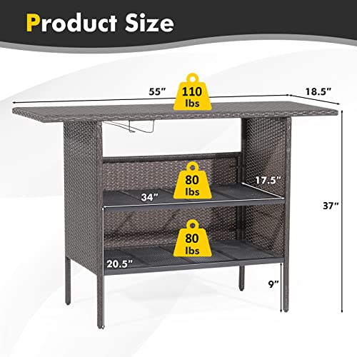 Giantex Outdoor Patio Wicker Bar Table, 2 Storage Shelves, 55''W Tabletop, Rails for Hanging Wine Glasses, Heavy-Duty Metal Frame, Bistro Rattan Bar Counter Table for Poolside Backyard (Mix Brown)