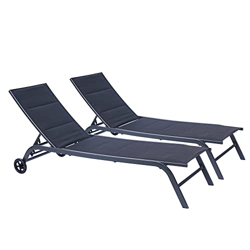 MengkOutdoor 2-Pcs Set Chaise Lounge Chairs, Five-Position Adjustable Metal Recliner， Black