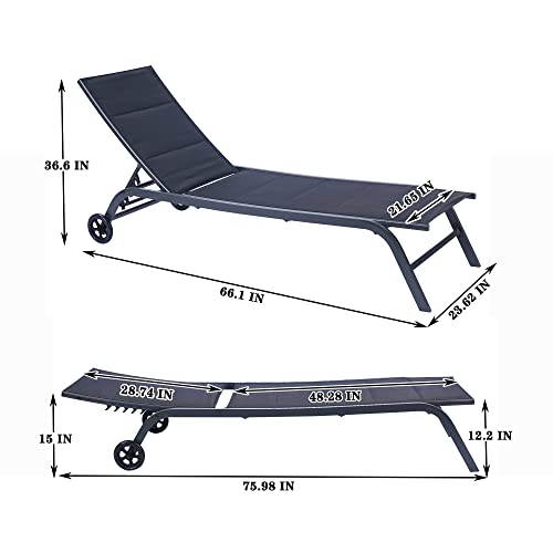 MengkOutdoor 2-Pcs Set Chaise Lounge Chairs, Five-Position Adjustable Metal Recliner， Black