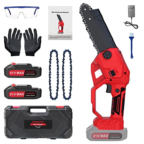 Mini Chainsaw Cordless 6-Inch With 2 Battery, Brushless Motor, 21V Rechargeable Battery, Power Chainsaw With Safety Lock, Handheld Mini Chainsaw, For Tree Trimming Wood Cutting