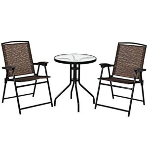 Tangkula 3 Pieces Patio Bistro Set, Outdoor Folding Chairs & Table Set with Tempered Glass Tabletop, Round Table & 2 Foldable Chairs, Small Outdoor Furniture Set for Garden, Poolside & Backyard