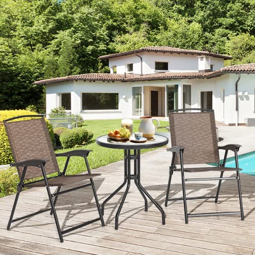 Tangkula 3 Pieces Patio Bistro Set, Outdoor Folding Chairs & Table Set with Tempered Glass Tabletop, Round Table & 2 Foldable Chairs, Small Outdoor Furniture Set for Garden, Poolside & Backyard