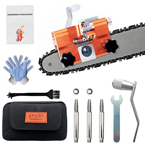 KEPDTAI Chainsaw Sharpener, Hand Cranked Chainsaw Sharpening Jig Kit with Storage Bag & Gloves, Portable Chain Saw Sharpener Tools, Chainsaw Files Accessories for All Kinds of Chain Saws (Orange)