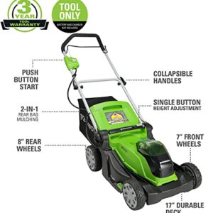 Greenworks 40V 17 inch Cordless Lawn Mower,Tool Only, MO40B01