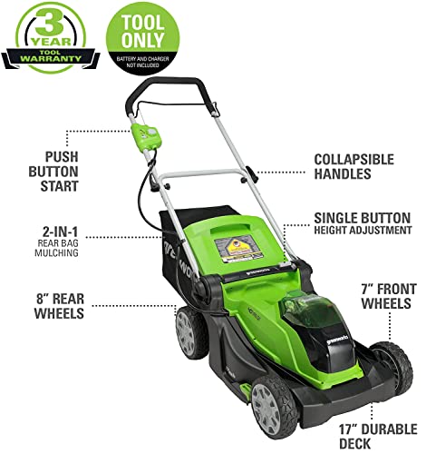 Greenworks 40V 17 inch Cordless Lawn Mower,Tool Only, MO40B01