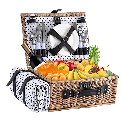 HYBDAMAI Willow Picnic Basket Set for 4 Persons with Waterproof Picnic Blanket, Large Wicker Picnic Basket for Camping, Outdoors, Valentine's Day, Christmas, Thanksgiving, Birthday